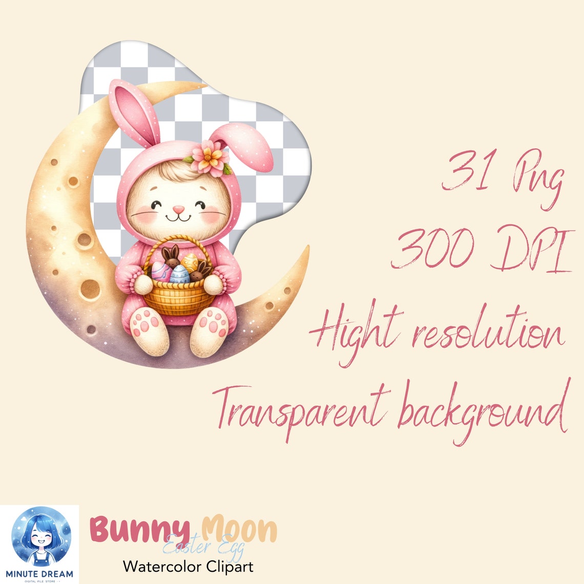 Bunny Moon Easter Clipart, Easter Egg Day, Watercolor Sublimation, Moon ...