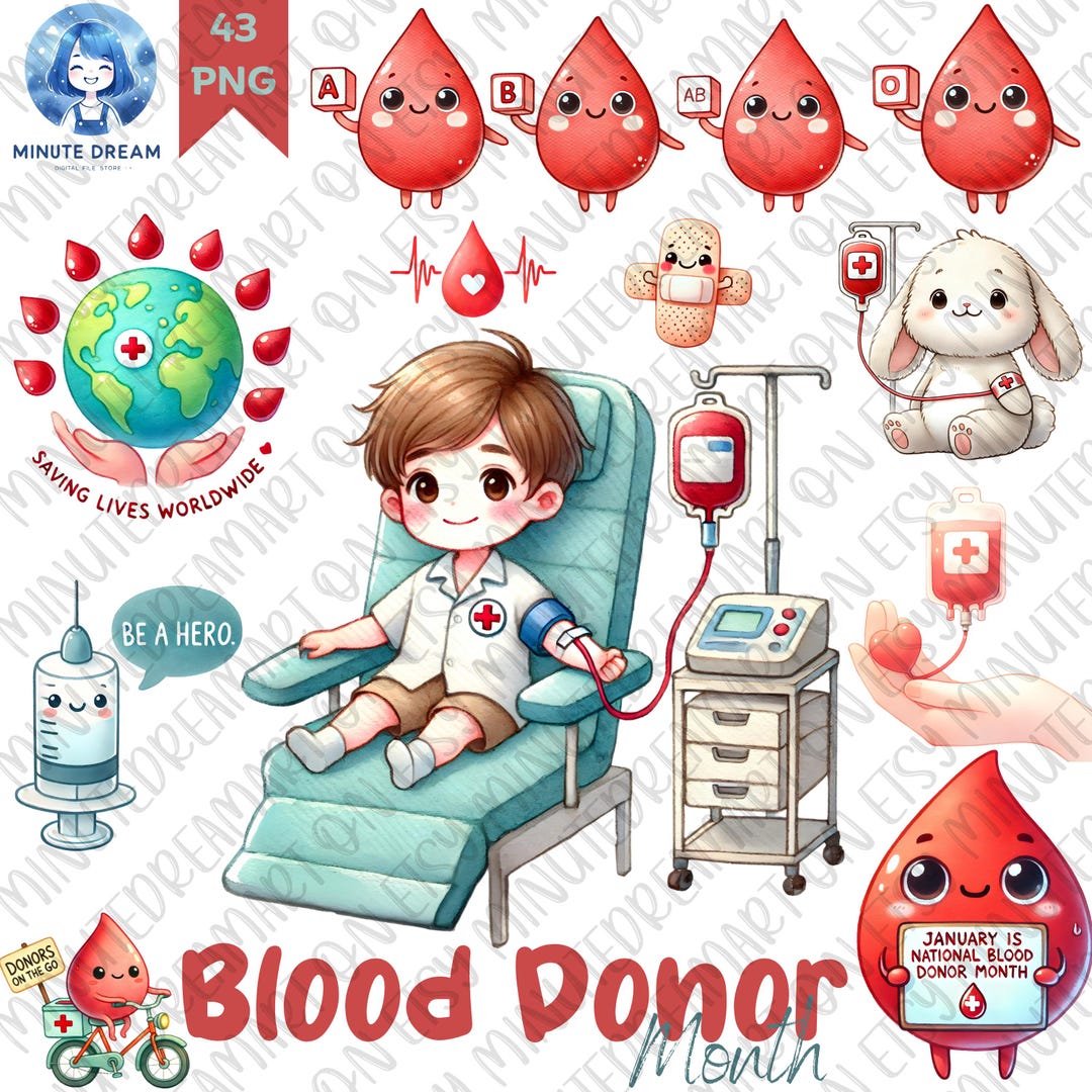 Cute Blood Donor Clipart, Gift for Kid, Watercolor Sublimation, Blood ...
