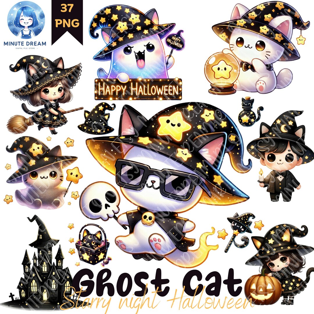 Ghost Cat Clipart, Kitten Witch Party, Halloween Png, Gift for KID ...