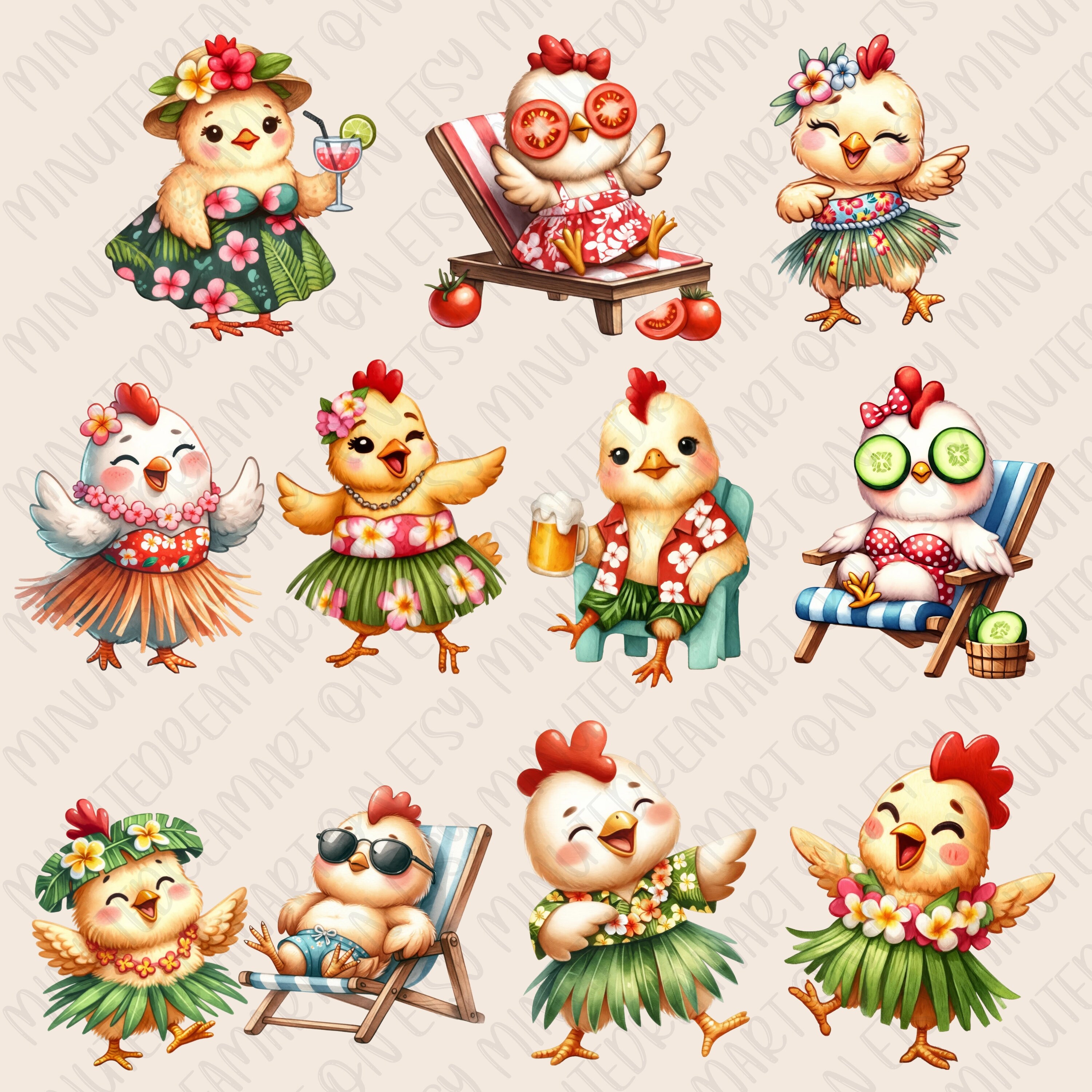 Funny Chicken Clipart, Beach Activities, Watercolor Sublimation ...