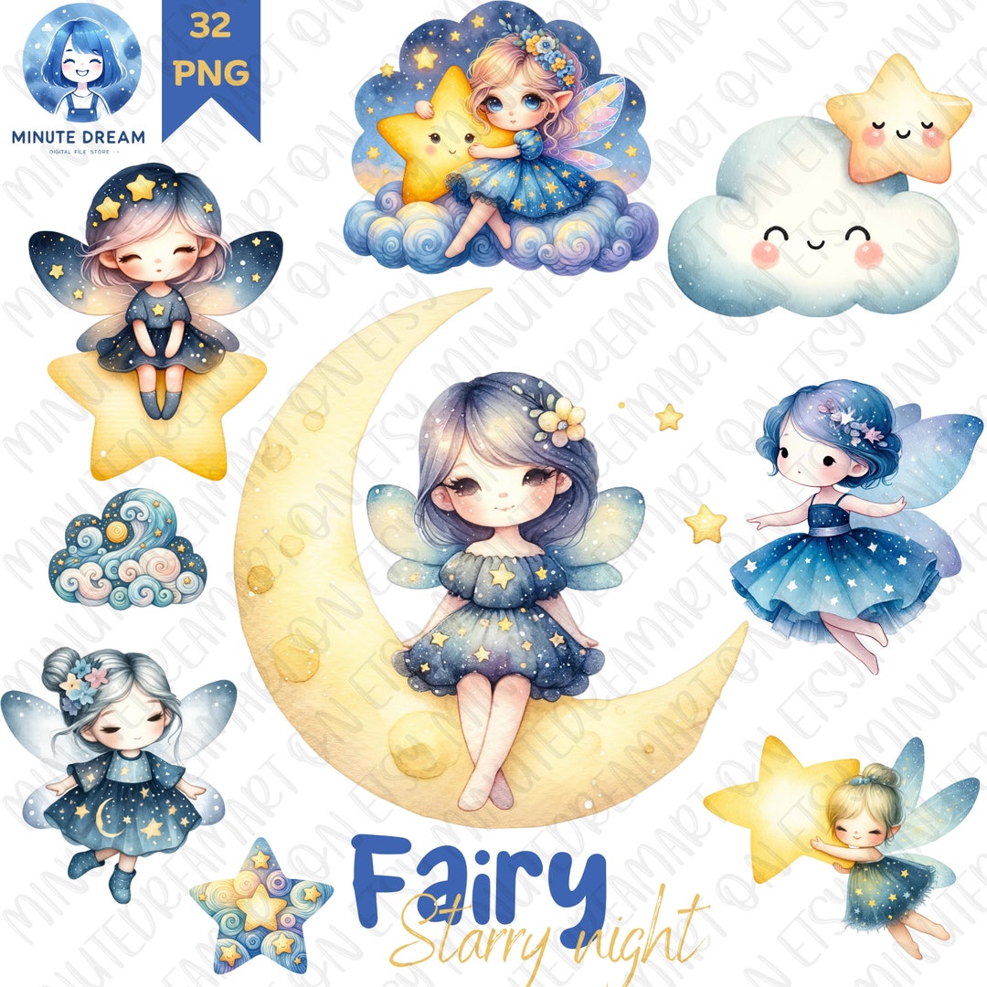Cute Fairy Clipart, Starry Night PNG, Sleeping Girl Clipart, Watercolor ...