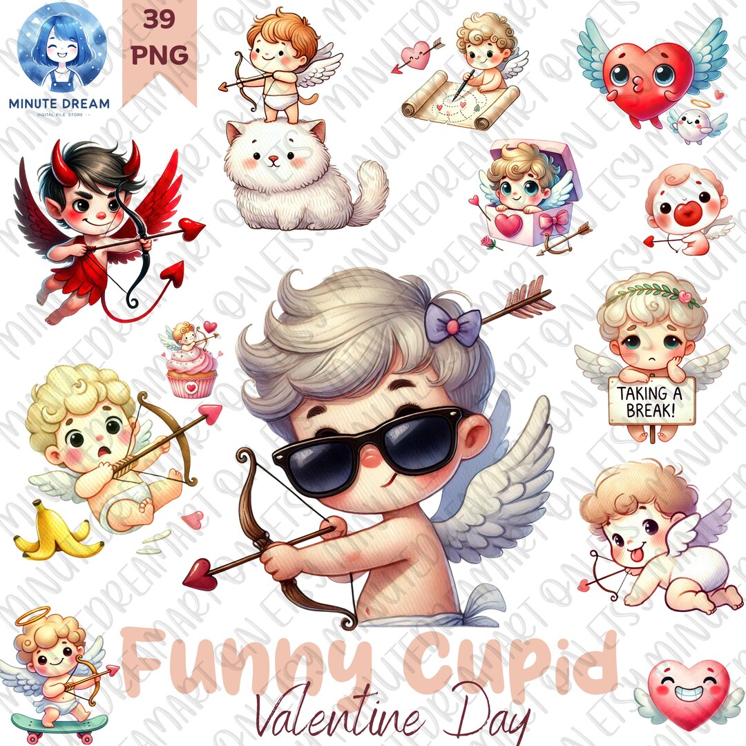 Funny Cupid Clipart, Cute Valentine's Day PNG, Heart With Wings, Love ...