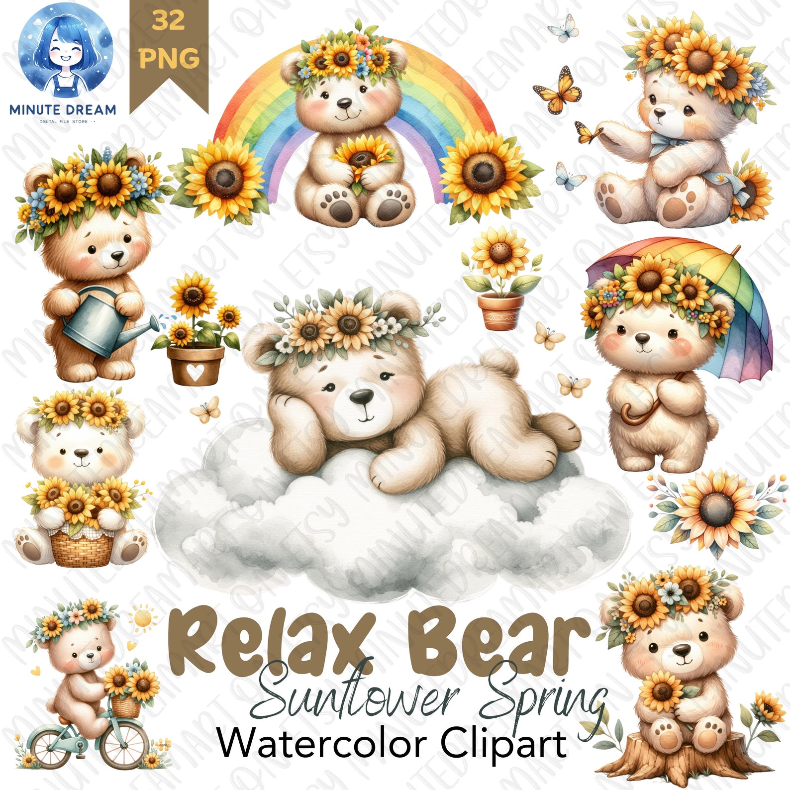 Cute Bear Clipart, Relax Bear, Gift for KID, Watercolor Sublimation ...