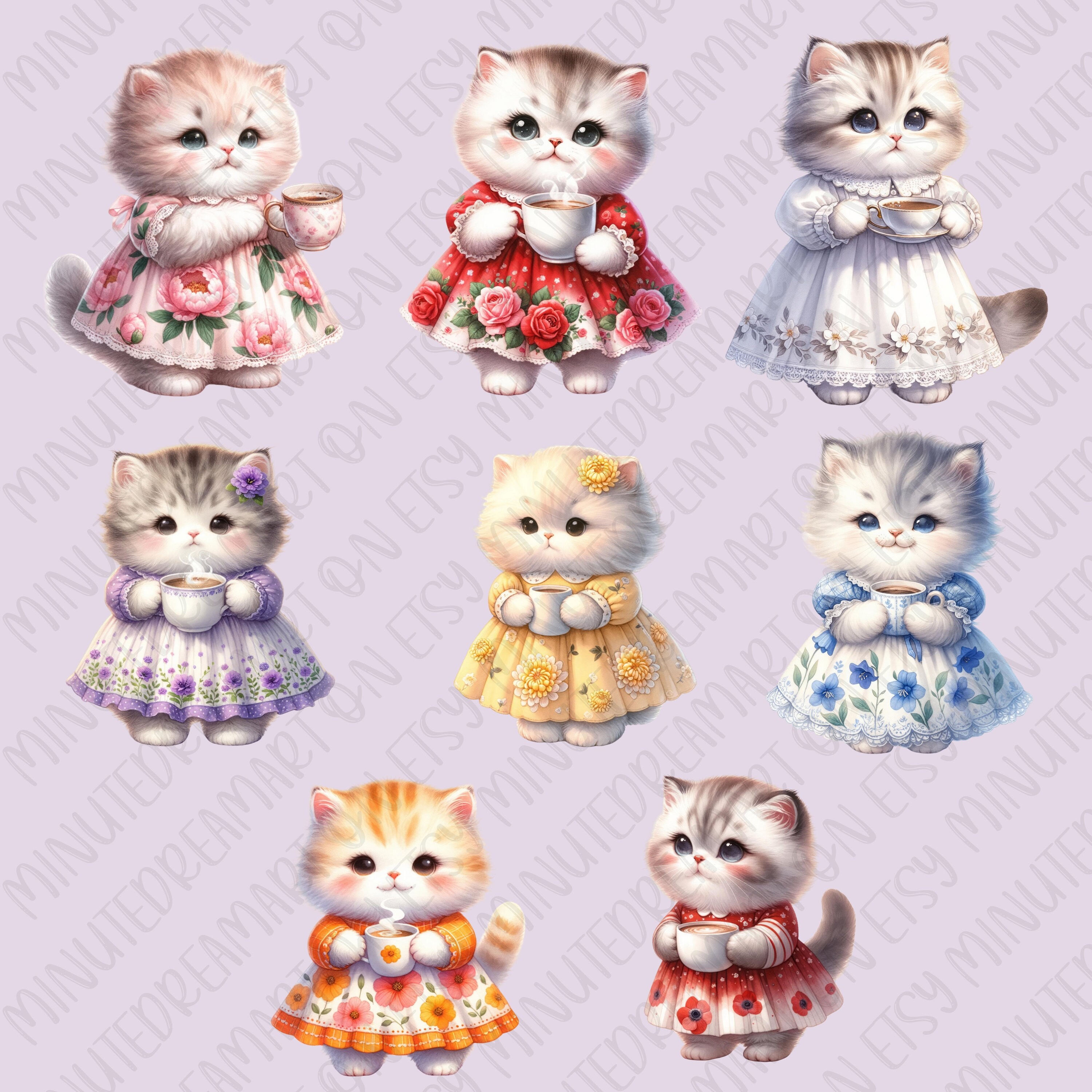 Cute Kitten Clipart, Chubby Cat in Flower Dress, Watercolor Sublimation ...