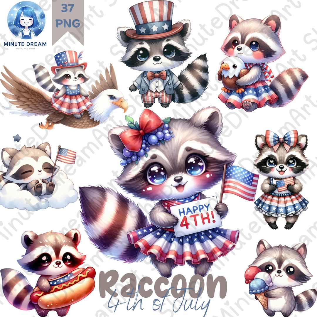 4th of July Raccoon Clipart, Cute Patriotic Raccoons Png, Watercolor ...