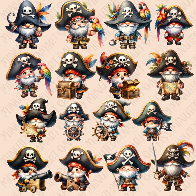 Pirate Gnome Clipart, Pirate Ship Flag, Pirate Map Nursery Decor, Watercolor Sublimation ...