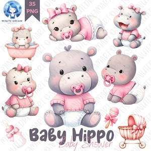 Cute Baby Hippo Clipart, With Pink Bow, Gift for Girl's Baby Shower ...