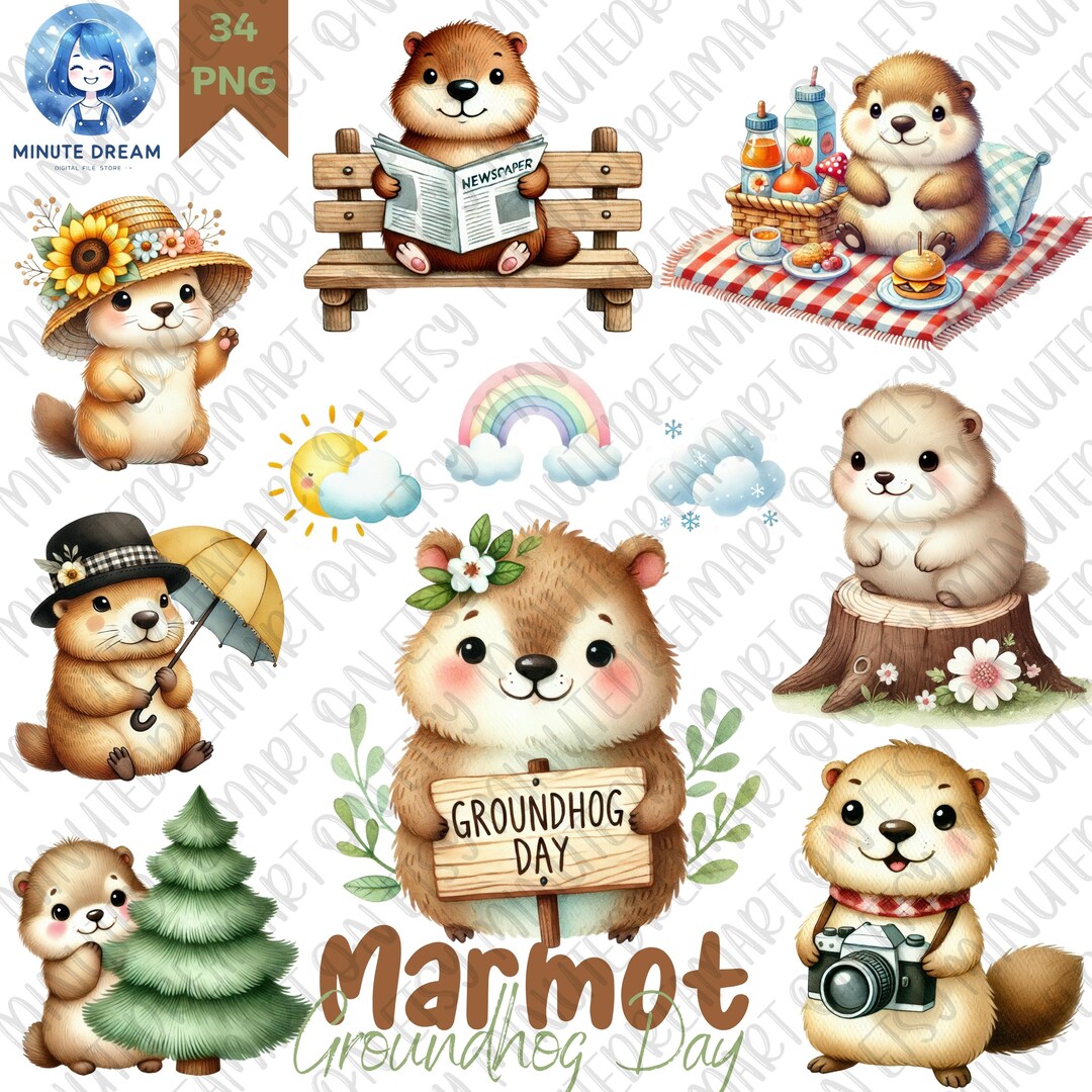 Groundhog Day Clipart, Cute Marmot Png, Happy Spring Season, Watercolor ...