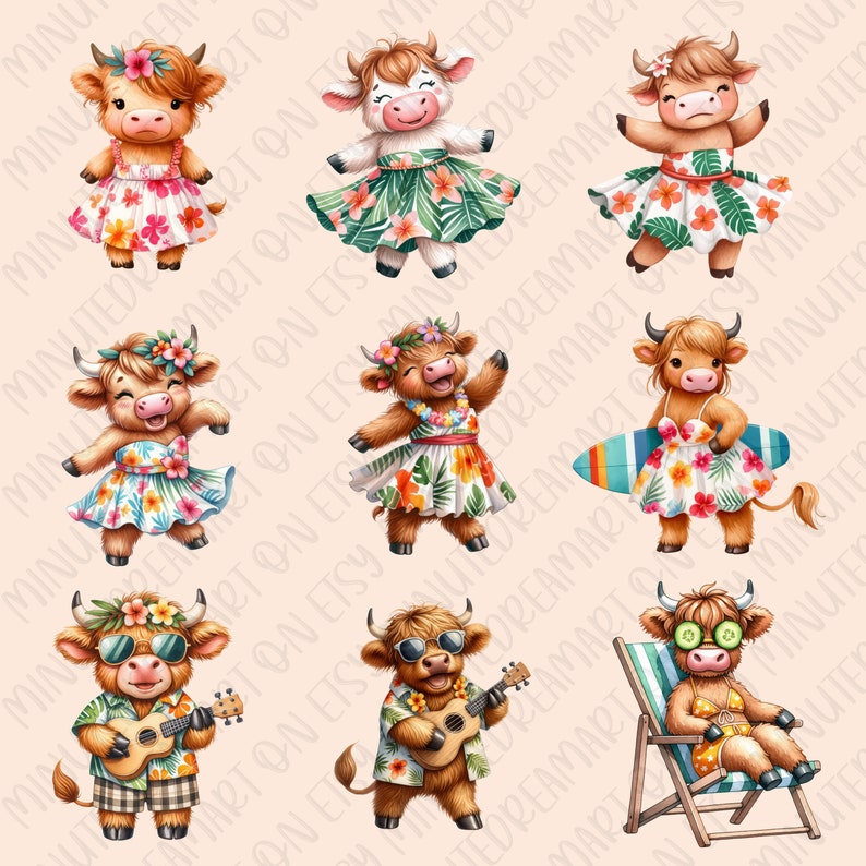 Funny Highland Cow Clipart, Hawaiian Summer Season, Watercolor ...