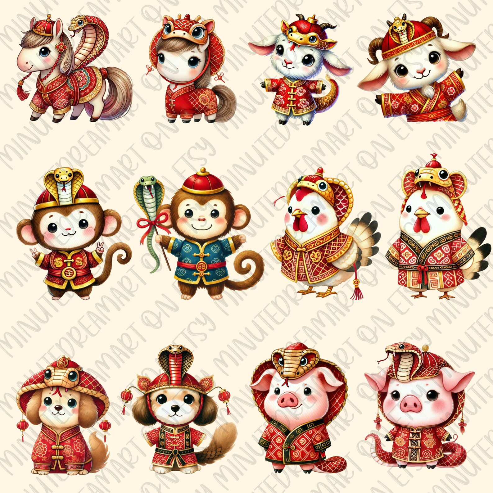 Animal Zodiac Clipart, Lunar New Year 2025 PNG, Zodiac Animals Wearing ...