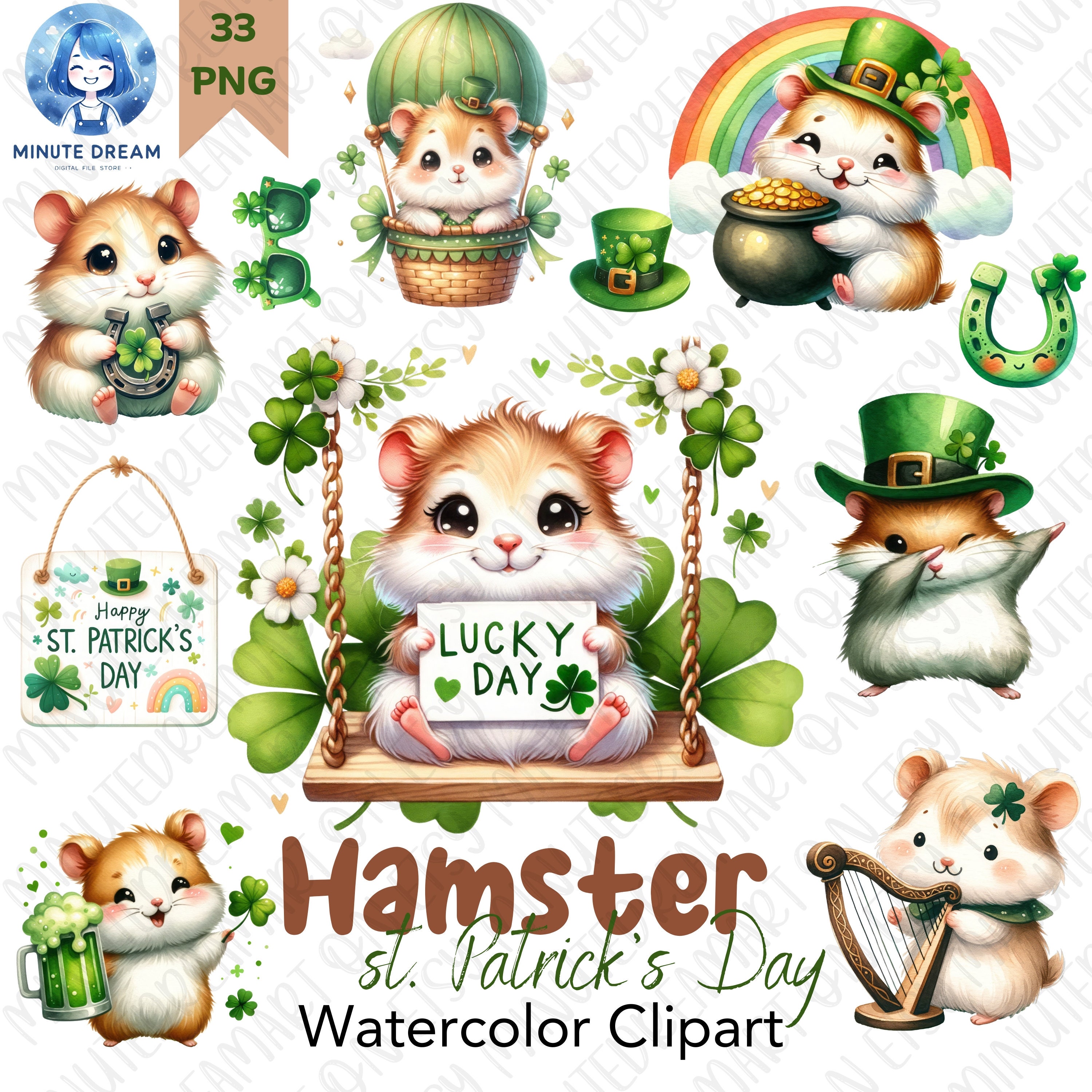Cute Hamster St. Patrick's Clipart, Saint Patrick's Day, Watercolor ...