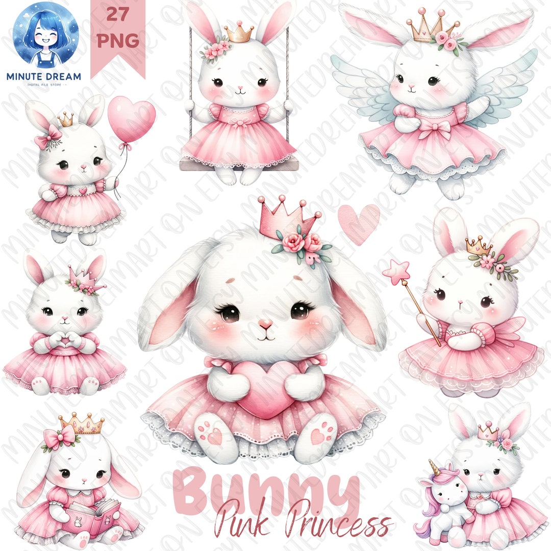 Cute Bunny Clipart, Pink Princess Png, Watercolor Sublimation, Gift for ...