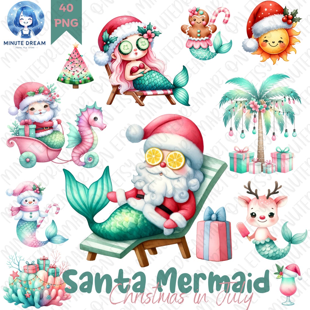 Santa Mermaid Clipart, Christmas in July PNG, Watercolor Sublimation ...