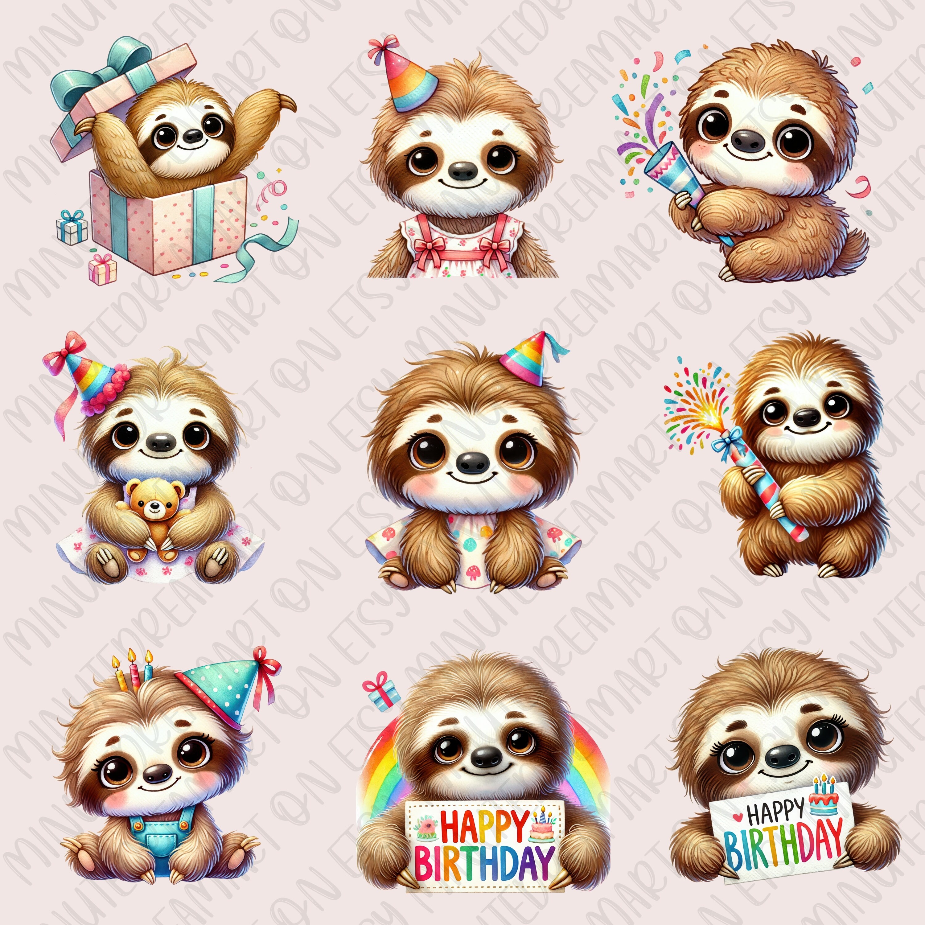Cute Sloth Clipart, Funny Birthday Clipart, Gift for Kid , Watercolor ...