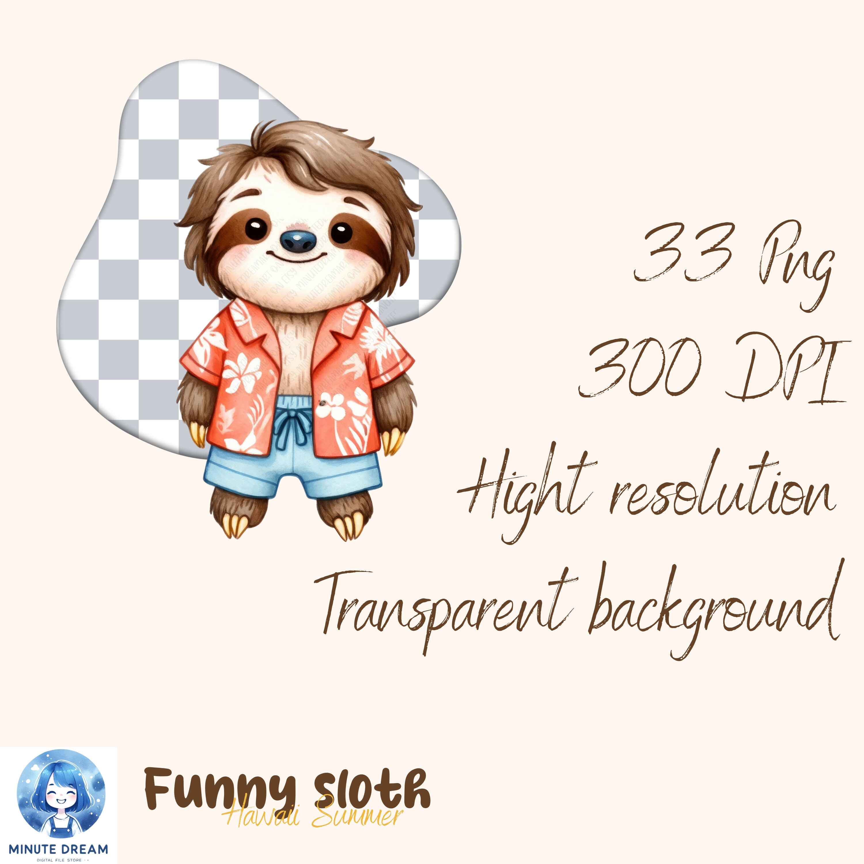 Funny Sloth Clipart: Hawaiian Summer Watercolor PNG (300 DPI) - Etsy