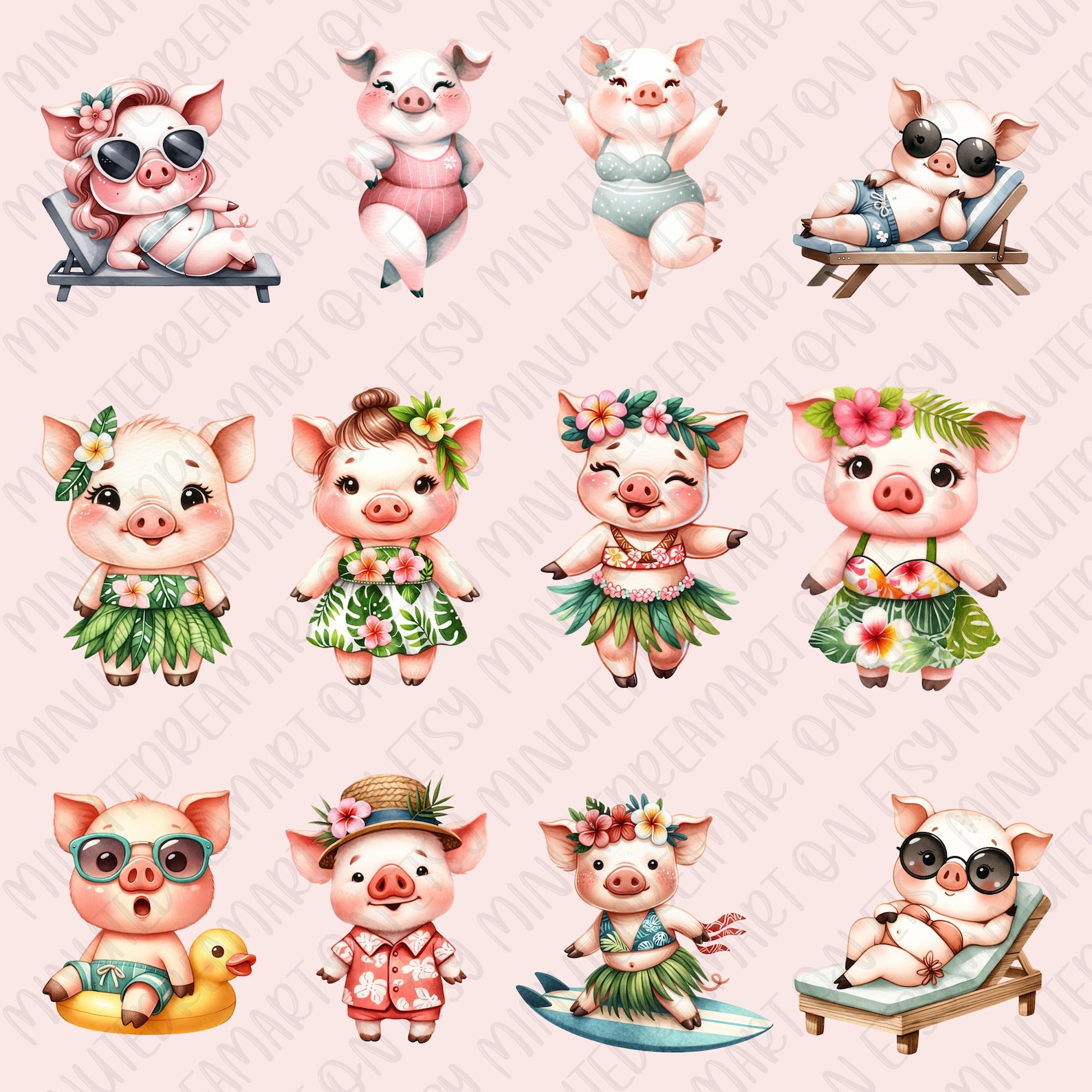 Funny Pig Clipart: Hawaiian Summer Watercolor PNG (32 Files) - Etsy