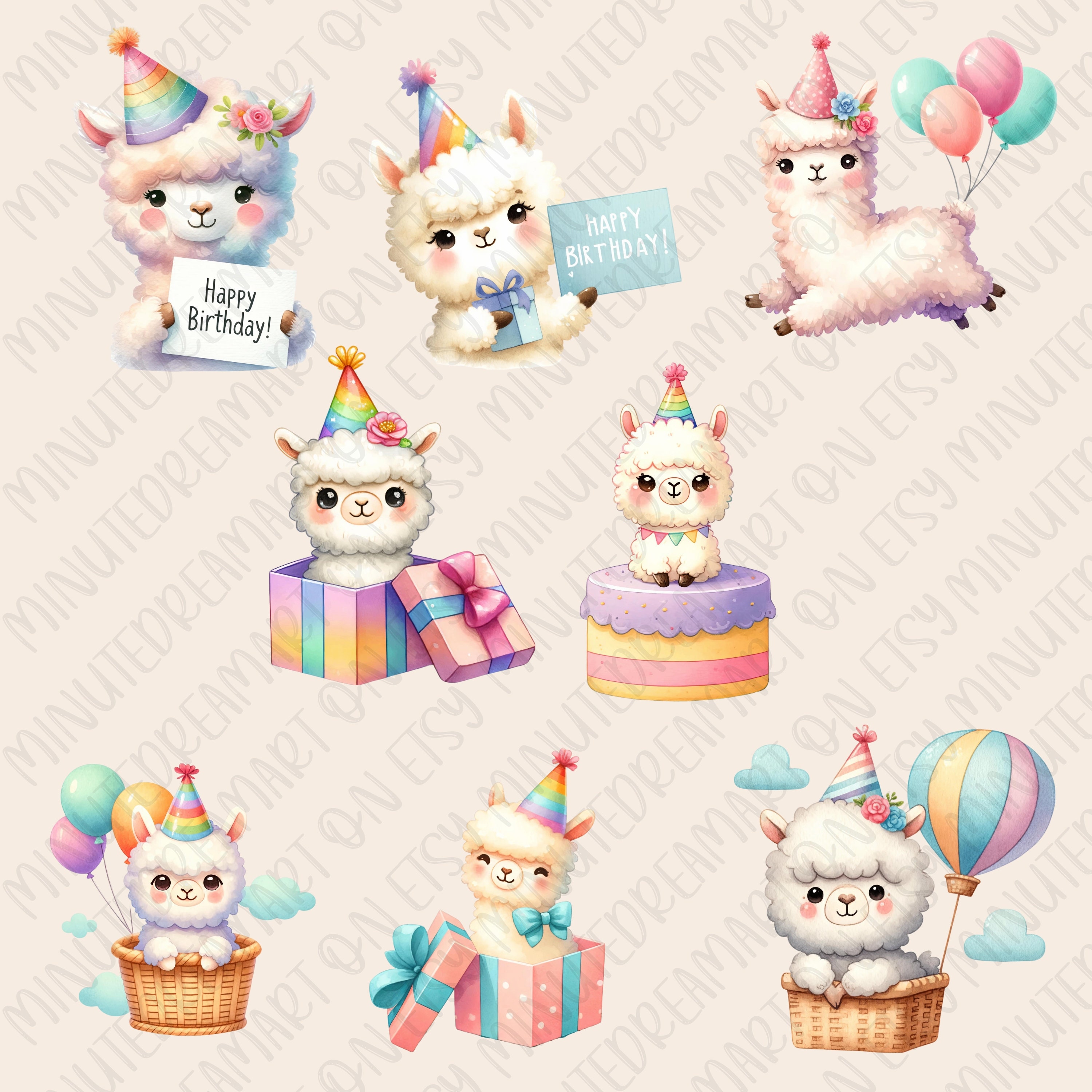 Cute Alpaca Clipart, Rainbow Party Png, Gift for KID, Watercolor ...