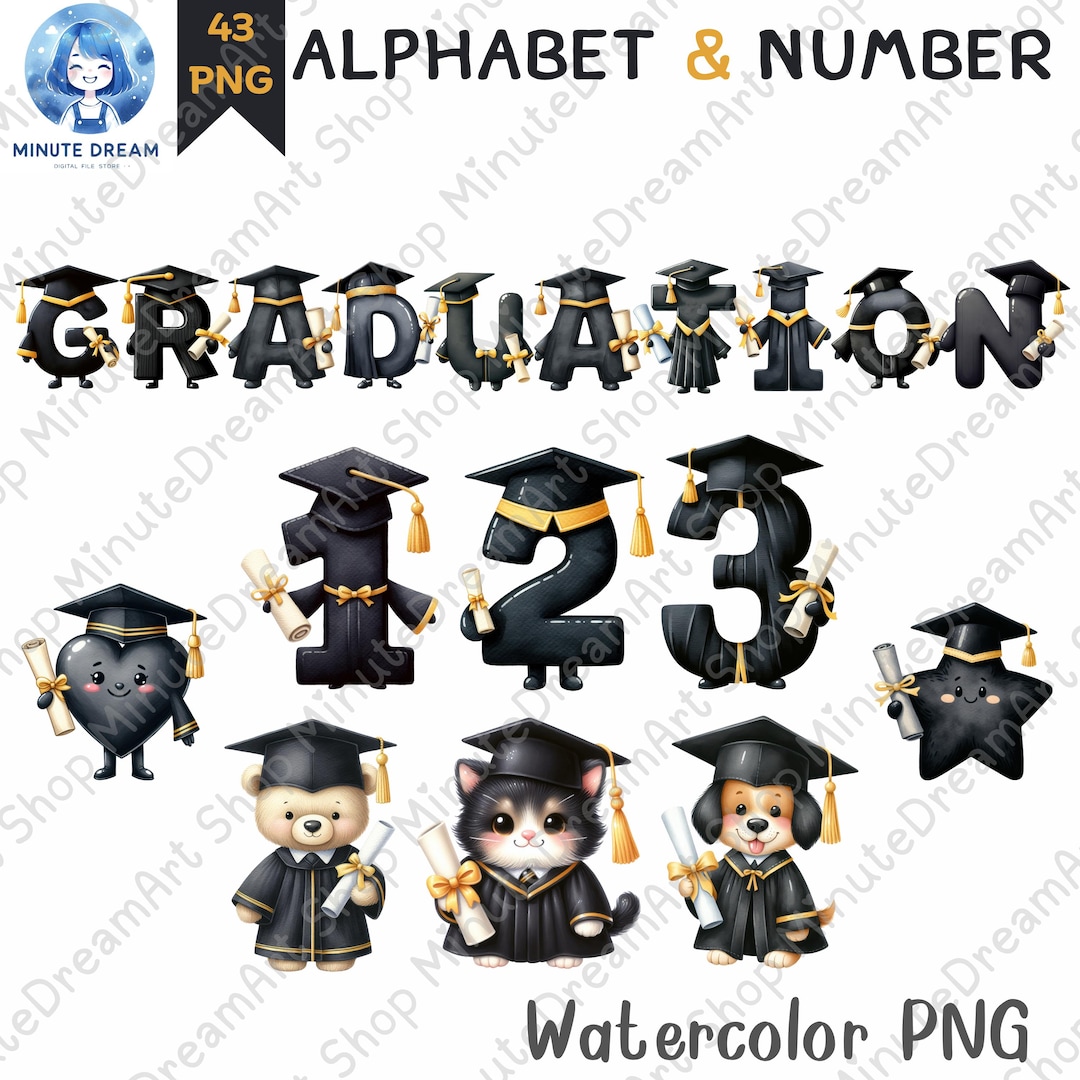 Graduation Clipart: Alphabet, Numbers & Animals - Watercolor PNG ...