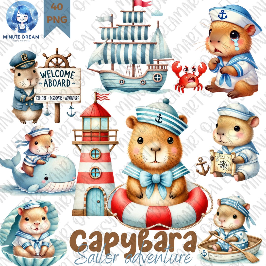 Capybara Sailor Adventure Clipart, Cute Nautical Capybara PNG ...