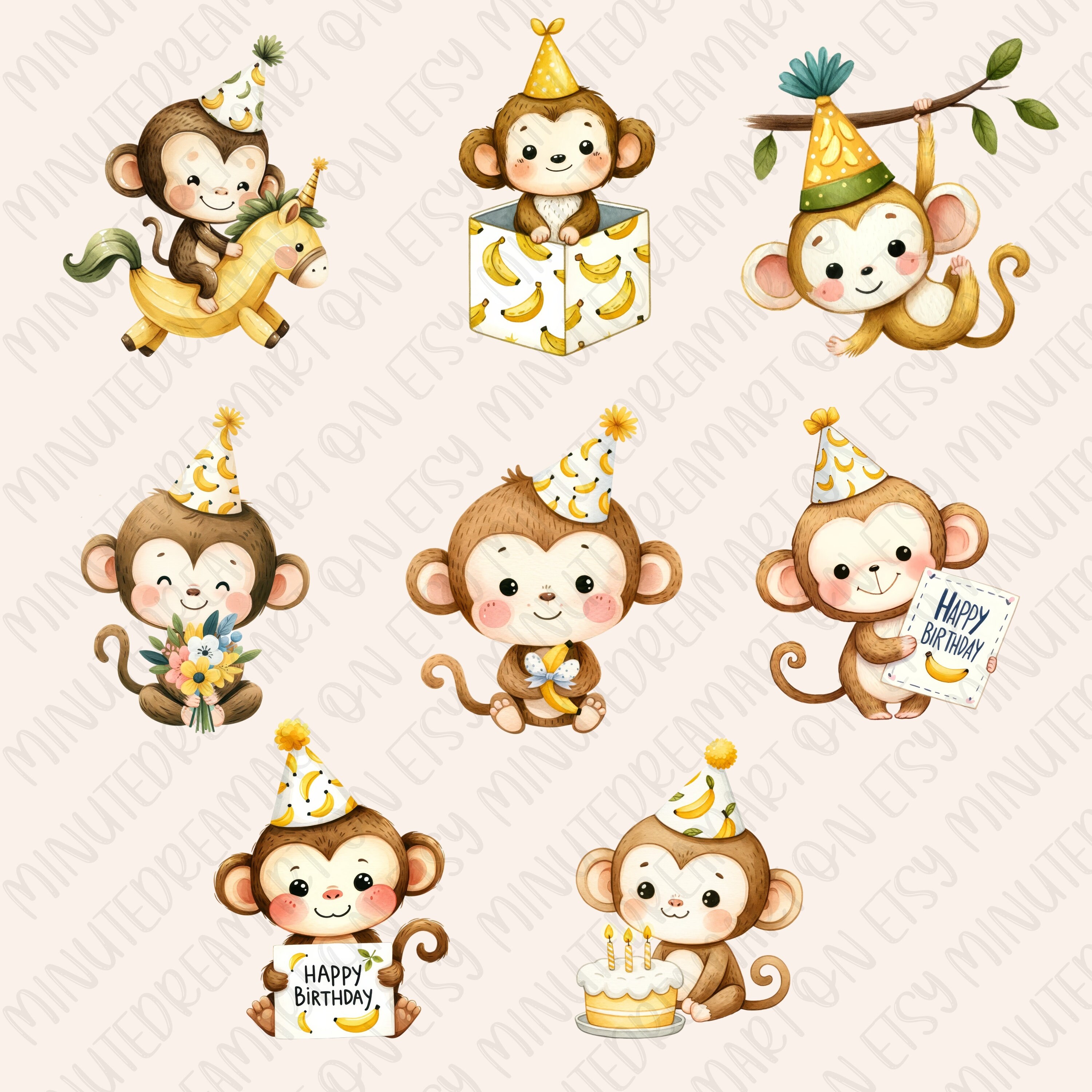 Cute Monkey Clipart, Baby Animal Png, Birthday Banana , Watercolor ...