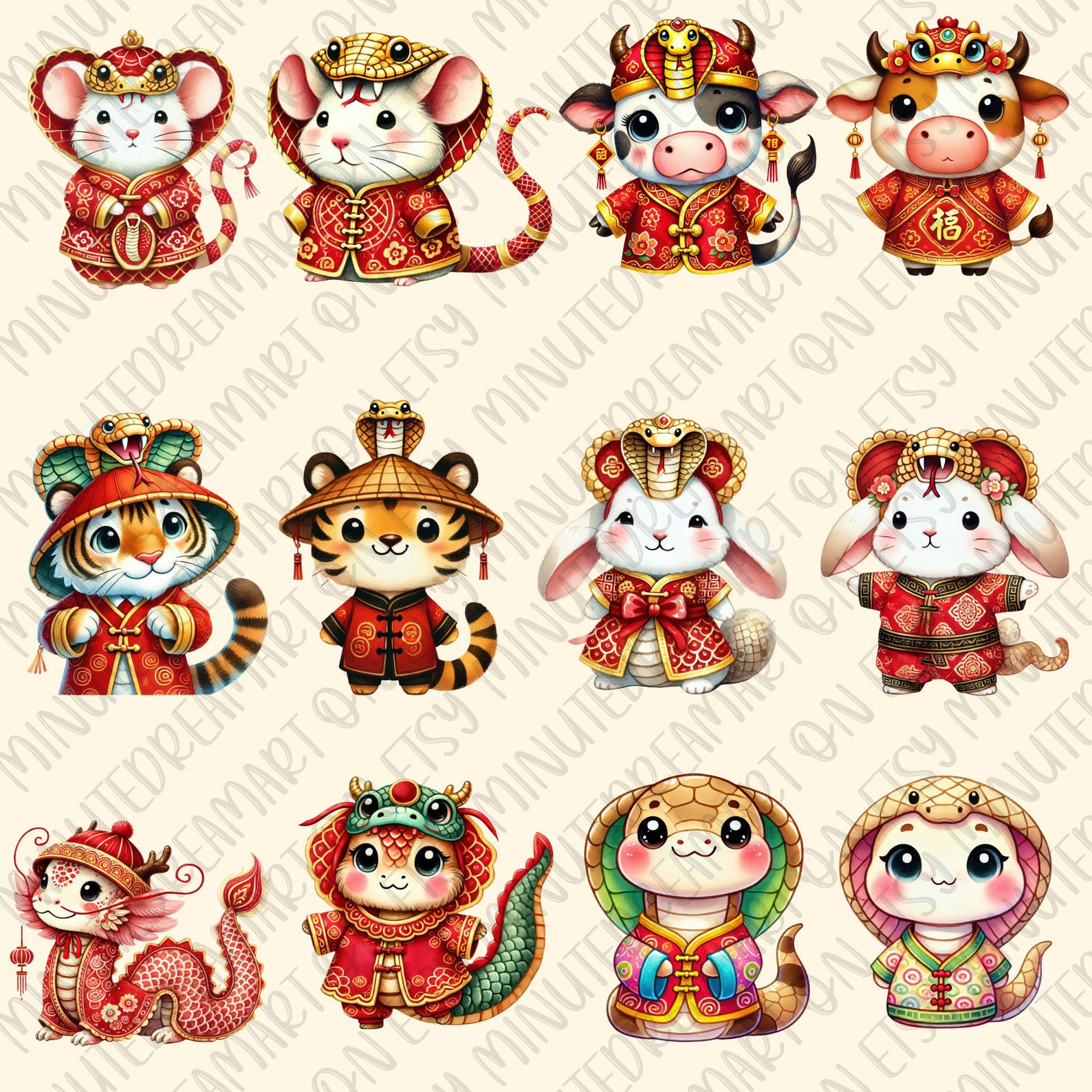 Animal Zodiac Clipart, Lunar New Year 2025 PNG, Zodiac Animals Wearing ...