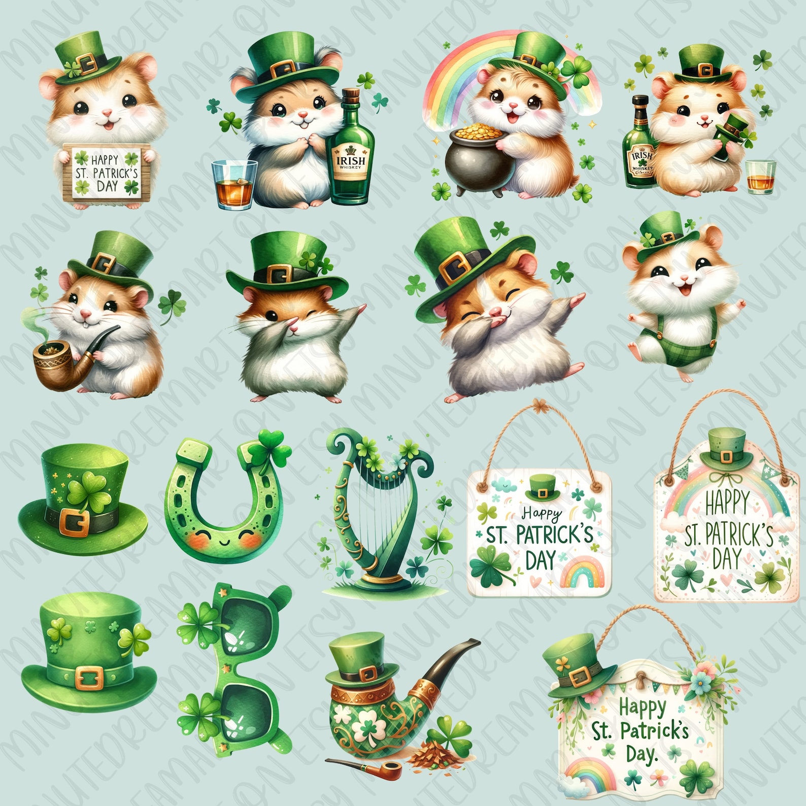 Cute Hamster St. Patrick's Clipart, Saint Patrick's Day, Watercolor ...