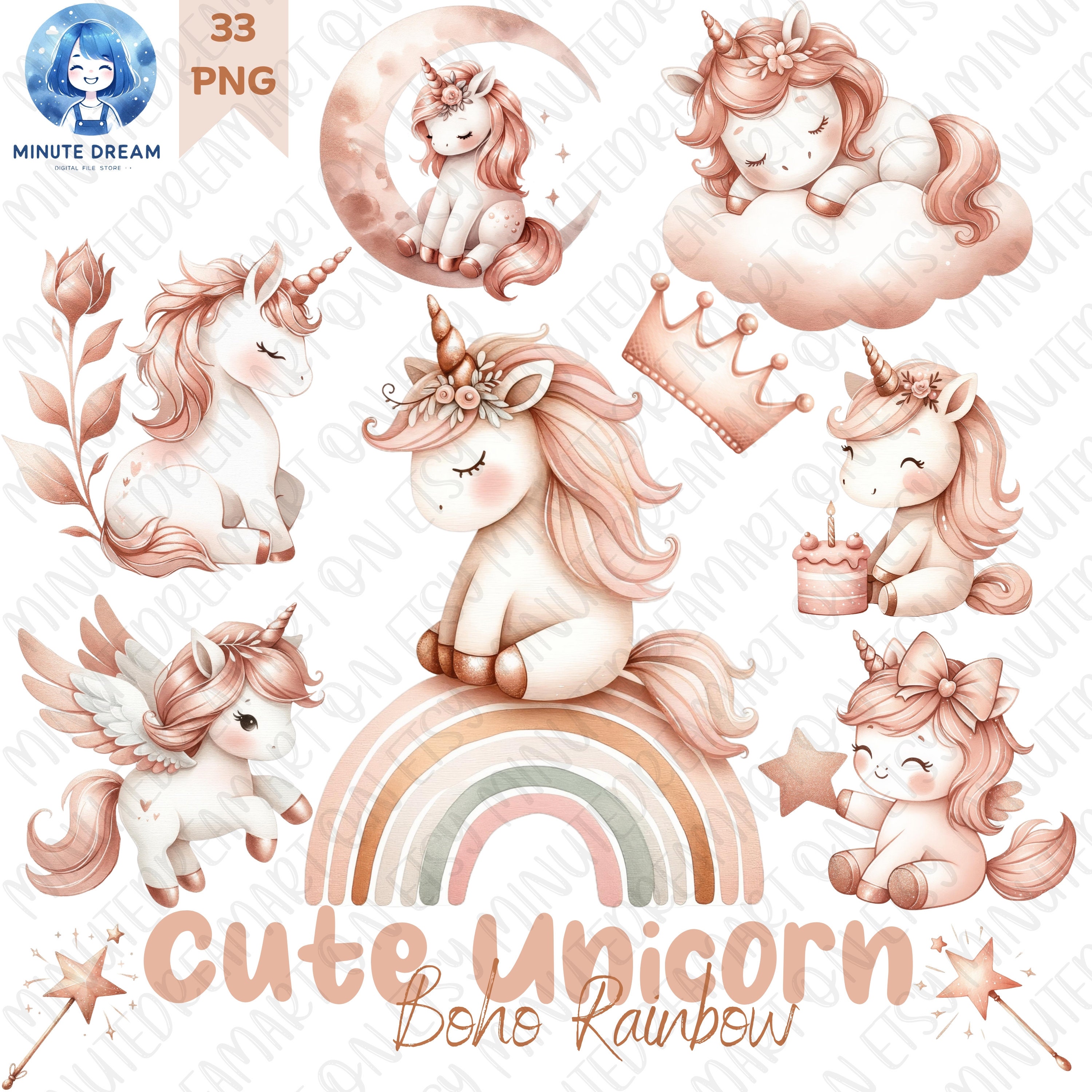 Cute Unicorn Clipart, Boho Rainbow, Baby Shower Clipart, Baby Pastel ...