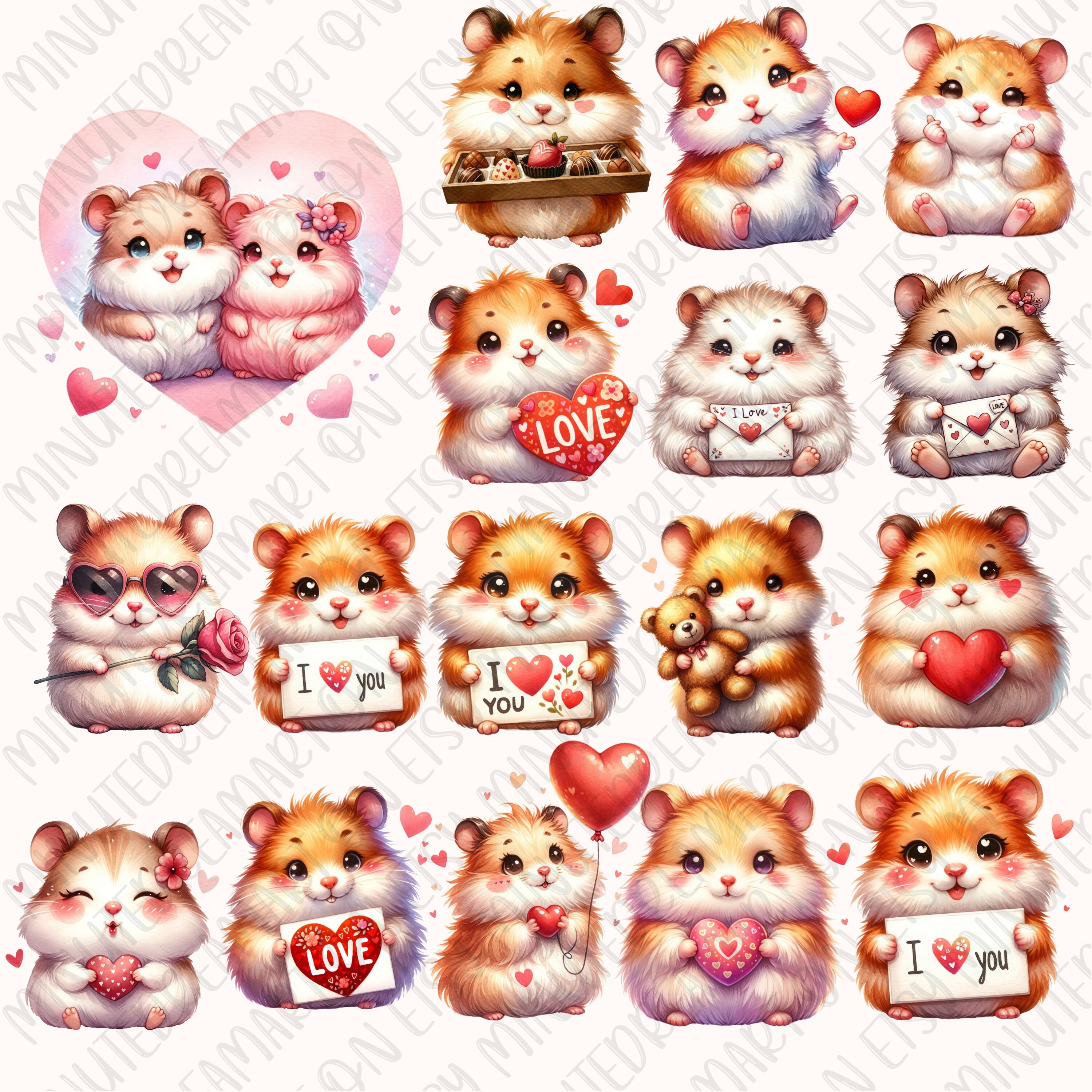 Cute Hamster Valentine Clipart, Valentine's Day, Watercolor Sublimation ...