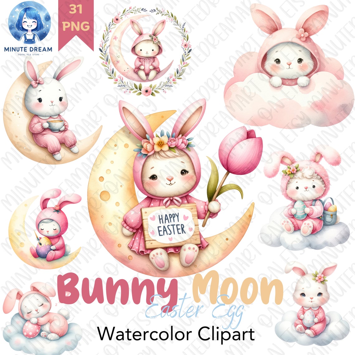 Bunny Moon Easter Clipart, Easter Egg Day, Watercolor Sublimation, Moon ...