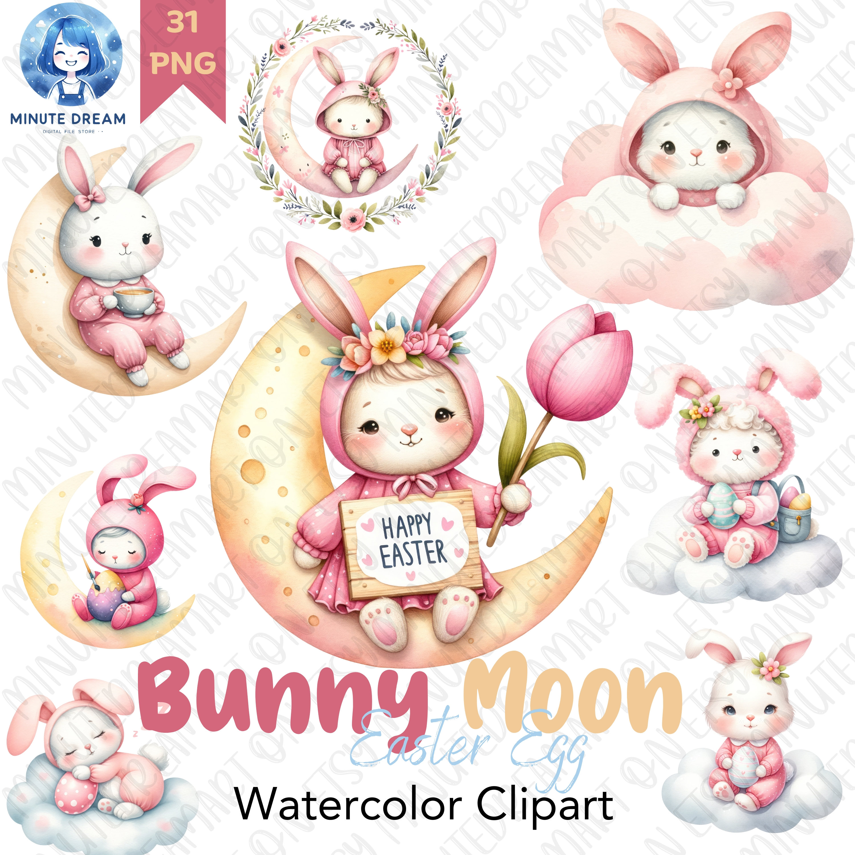 Bunny Moon Easter Clipart, Easter Egg Day, Watercolor Sublimation, Moon ...