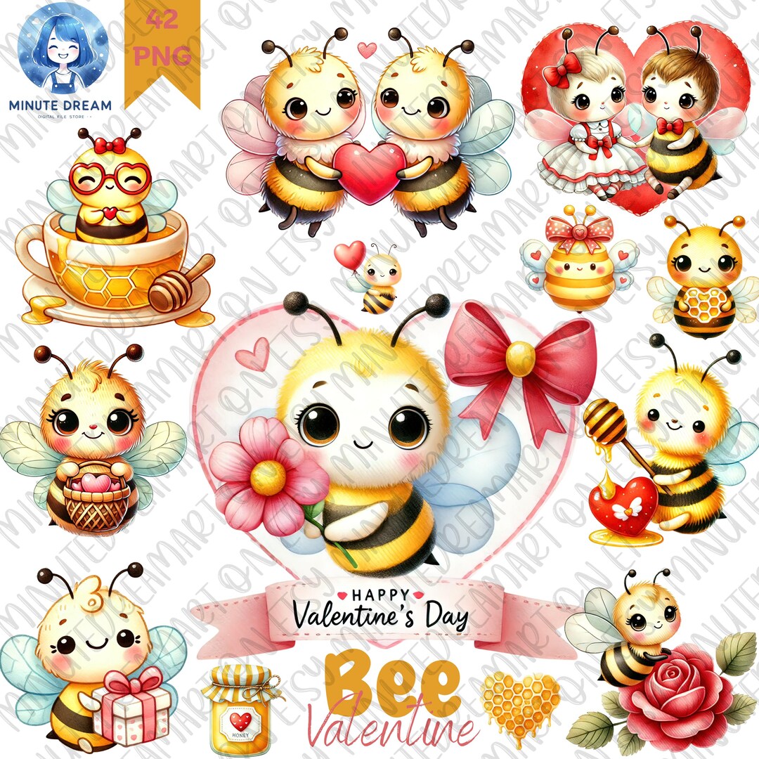 Bee Valentine Clipart, Cute Bee PNG Png, Gift for KID, Watercolor ...