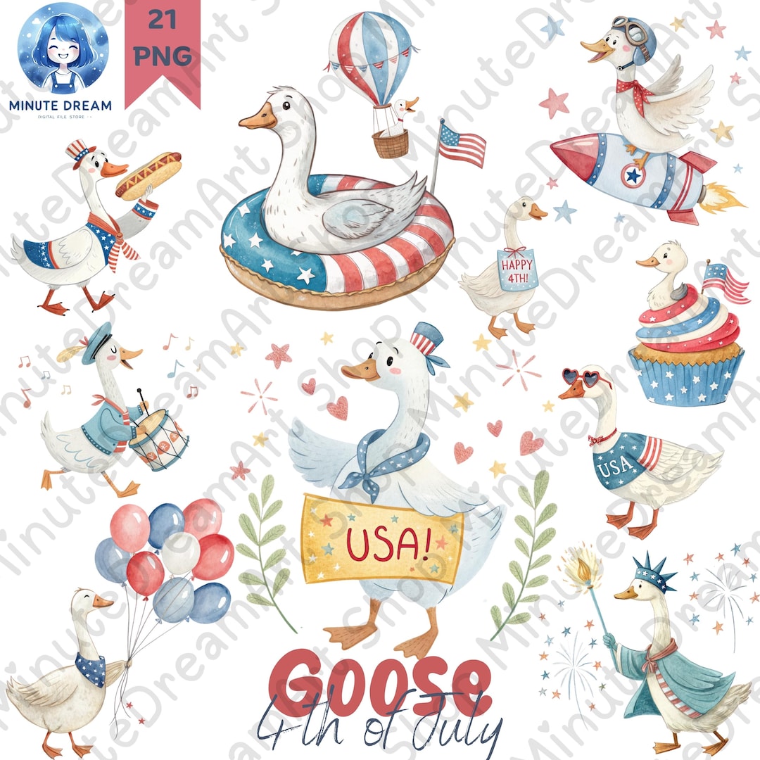 4th of July Silly Goose Clipart, Cute Patriotic Goose PNG, Watercolor ...