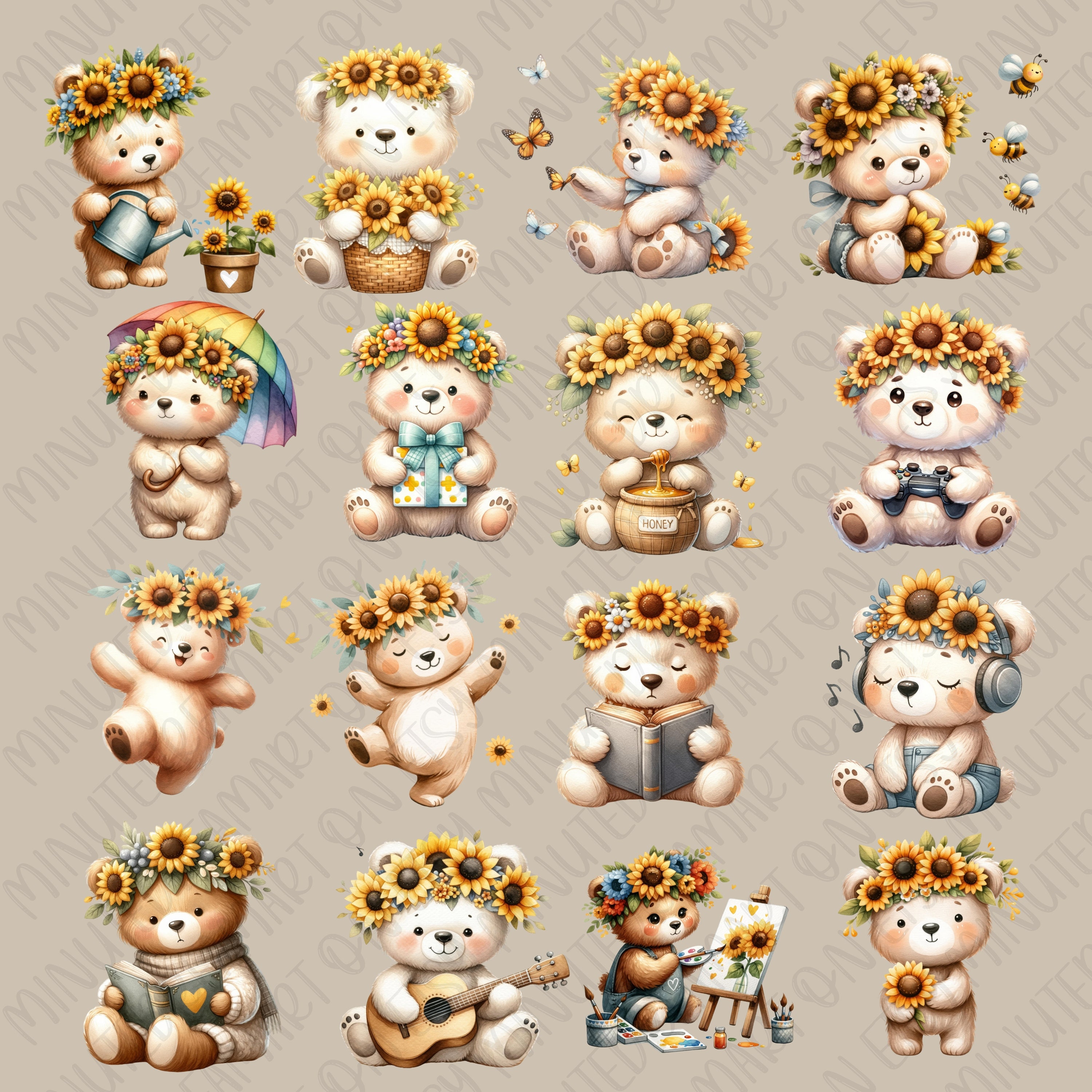 Cute Bear Clipart, Relax Bear, Gift for KID, Watercolor Sublimation ...