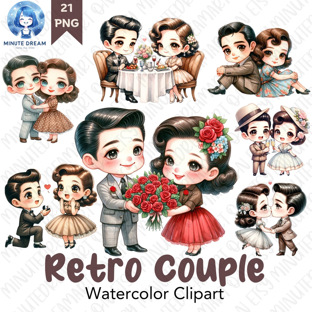 Love Couple Retro Watercolor Clipart, in Love Vintage , Valentine's Day ...