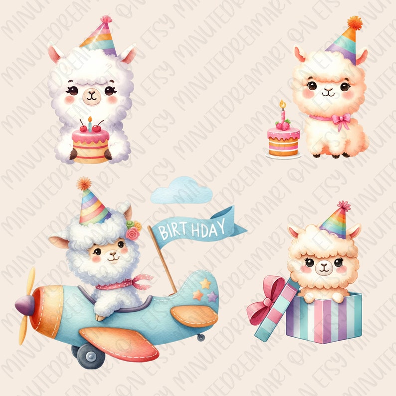 Cute Alpaca Clipart, Rainbow Party Png, Gift for KID, Watercolor ...