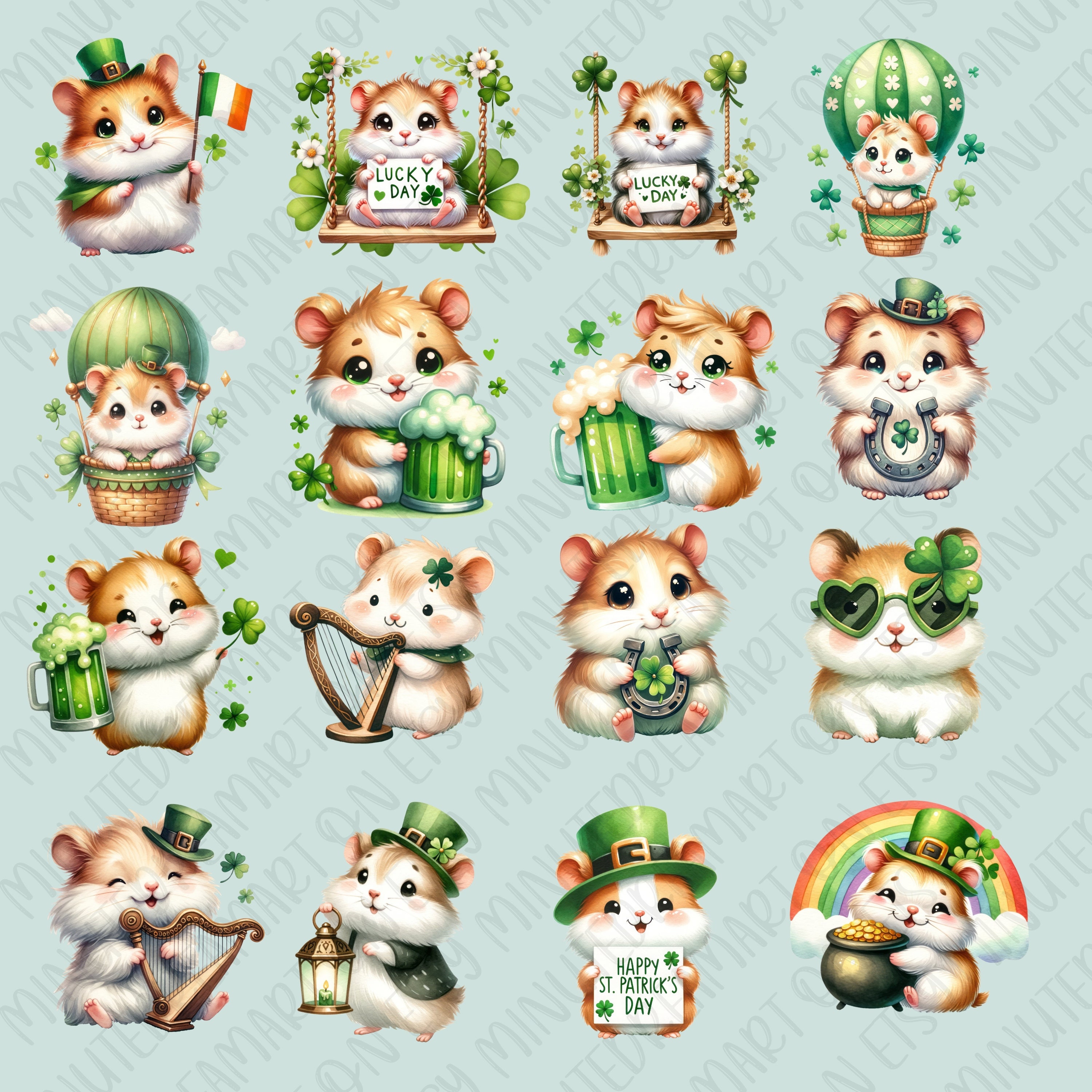 Cute Hamster St. Patrick's Clipart, Saint Patrick's Day, Watercolor ...