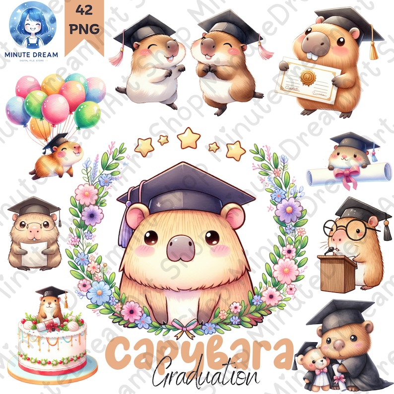 Capybara Graduation Clipart, Cute Capybaras With Diplomas Png ...