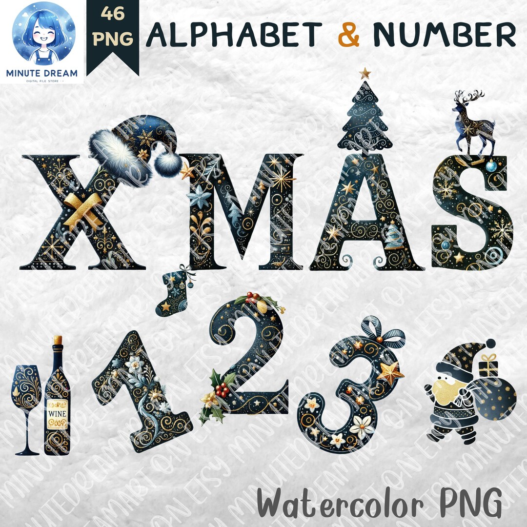Christmas Alphabet Clipart, Watercolor Sublimation, Luxury Blue and ...