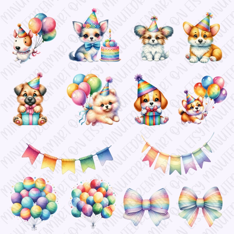 Cute Puppy Clipart, Rainbow Party Png, Gift for KID, Watercolor ...