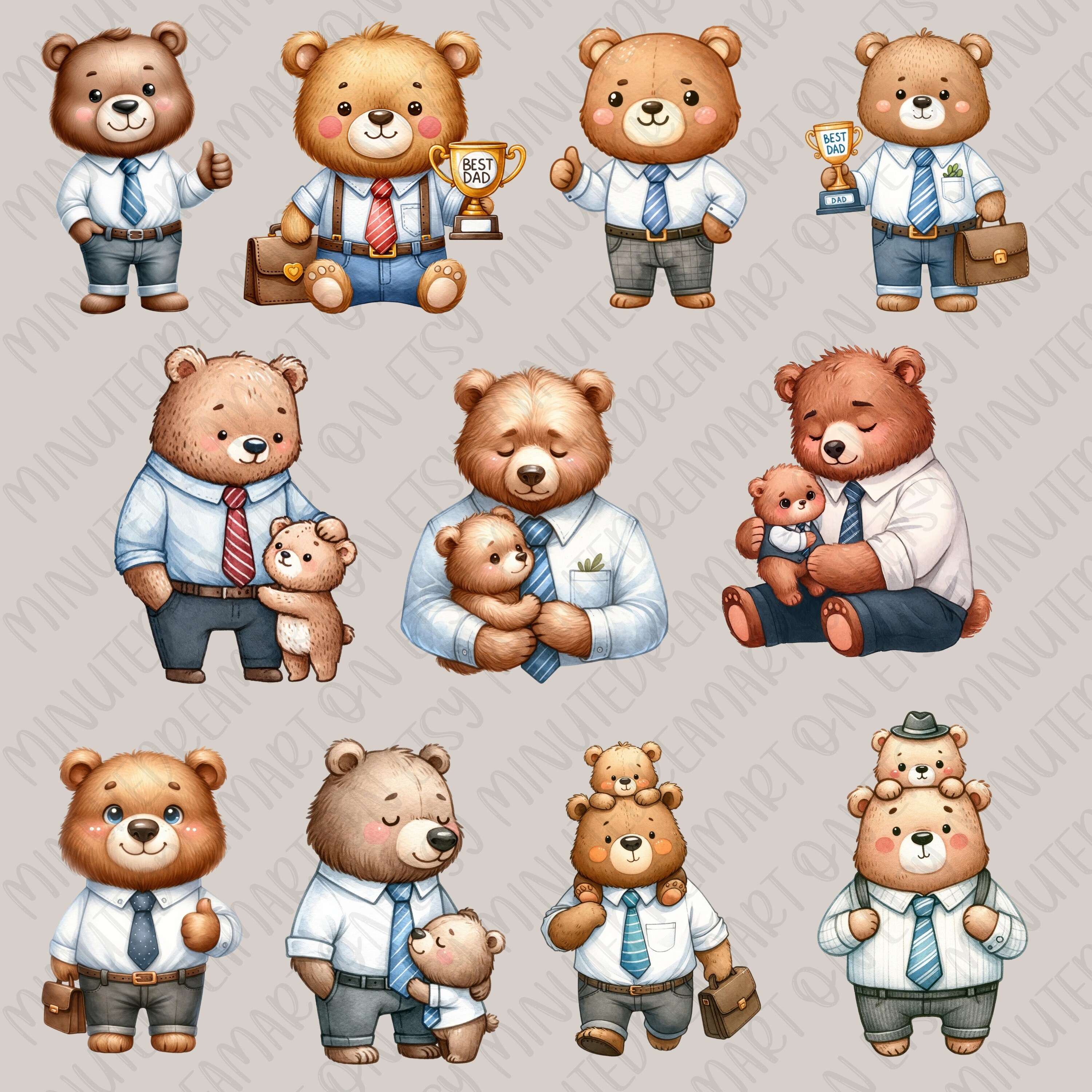 Daddy Bear Clipart, Father's Day, Watercolor Sublimation, Nursery, Dad ...