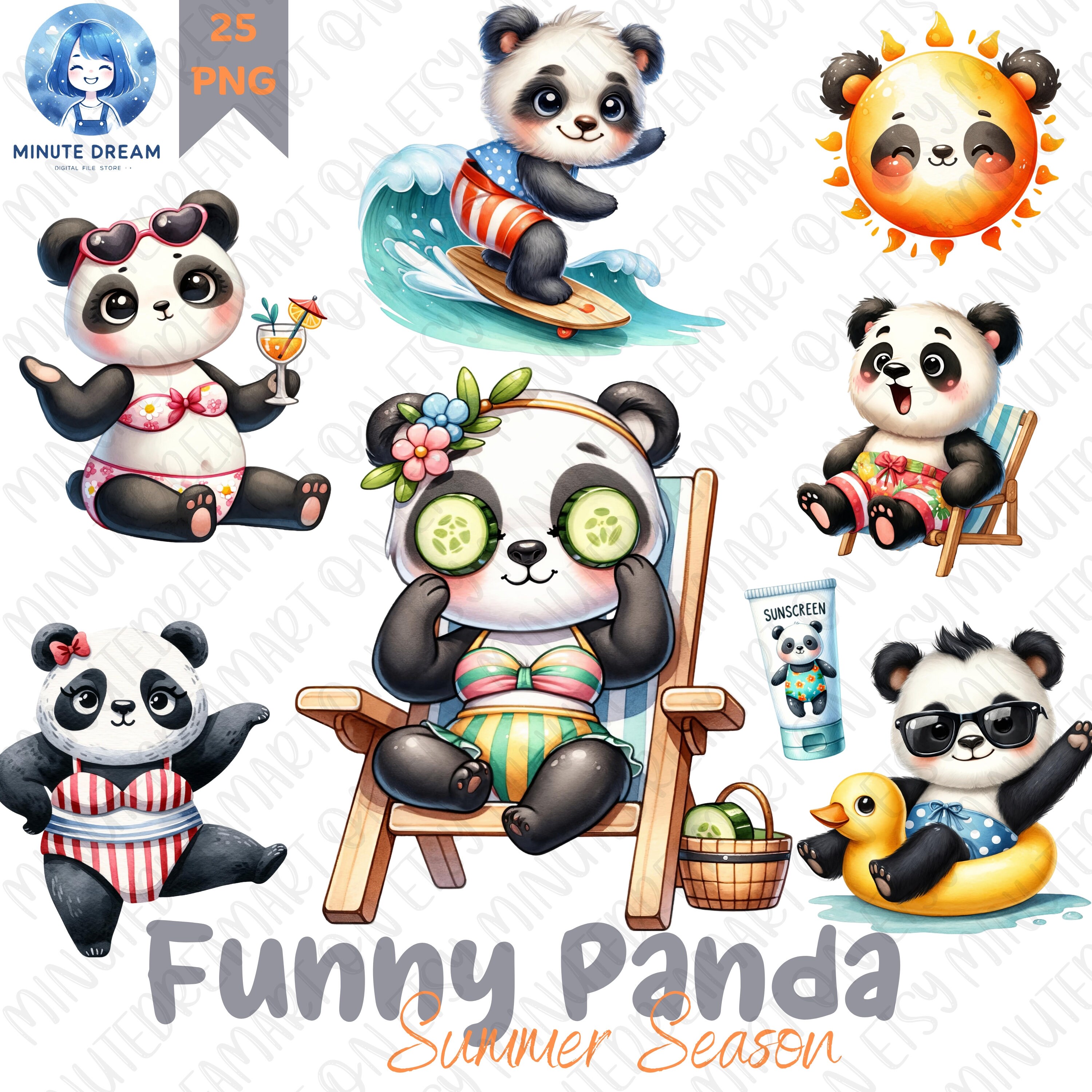 Funny Panda Clipart, Summer Season, Watercolor Sublimation, Beach ...