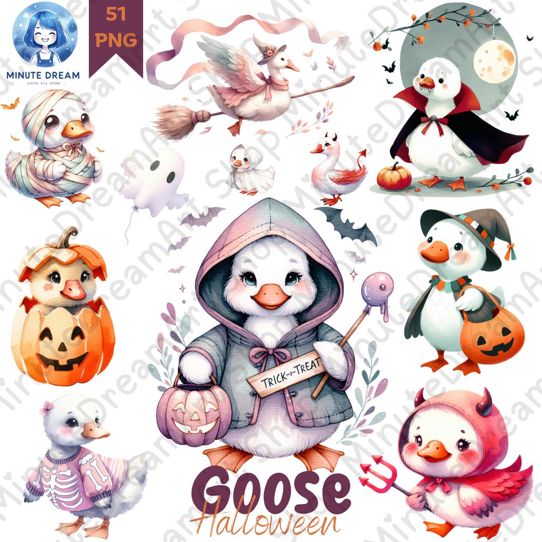 Halloween Goose Clipart: Watercolor Ghost, Witch, Vampire PNG (digital ...