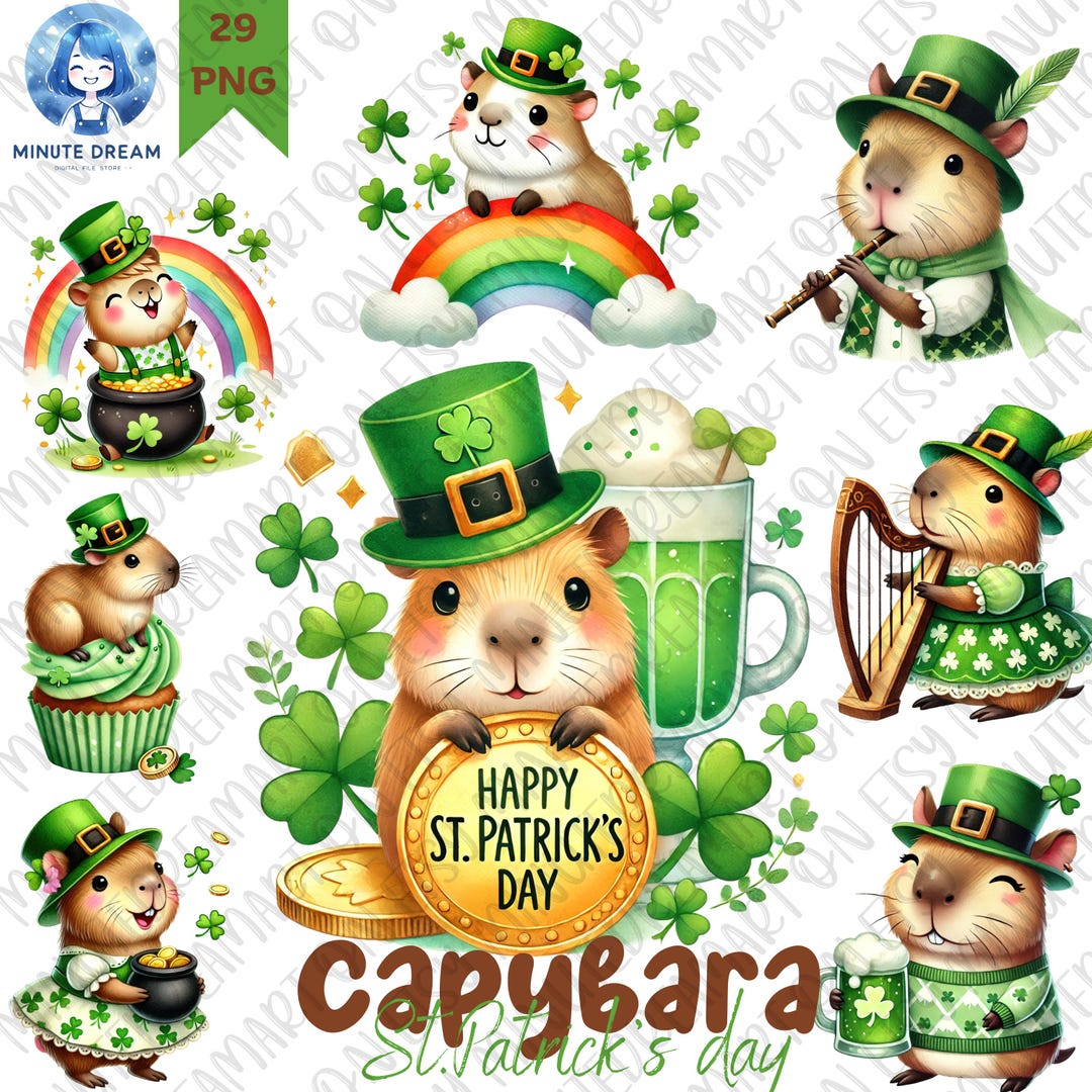 St. Patrick's Day Capybara Clipart: Shamrock Rainbow PNG (digital ...