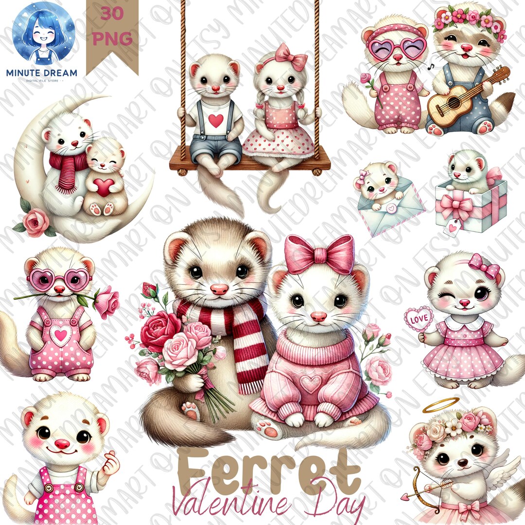 Ferret Valentine’s Day Clipart, Cute Ferret Png, Watercolor Sublimation ...