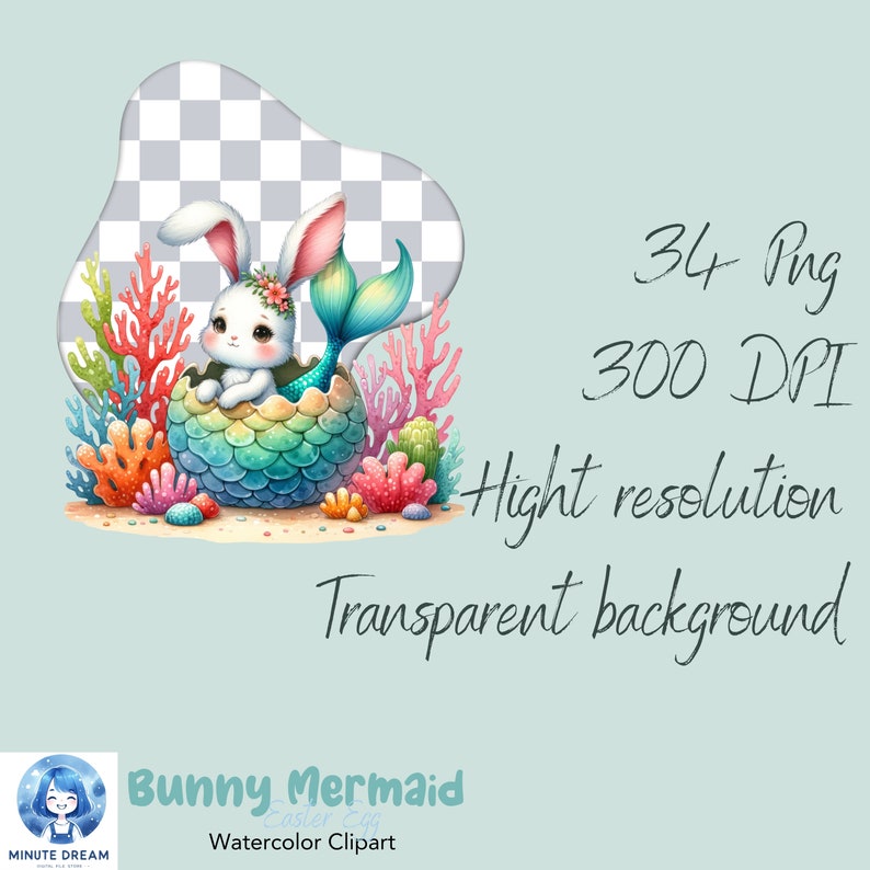 Bunny Mermaid Easter Clipart, Easter Egg Day, Watercolor Sublimation ...