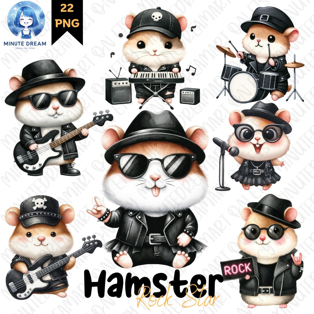 Cute Hamster Clipart, Rock Star, Watercolor Sublimation, Music Lover ...