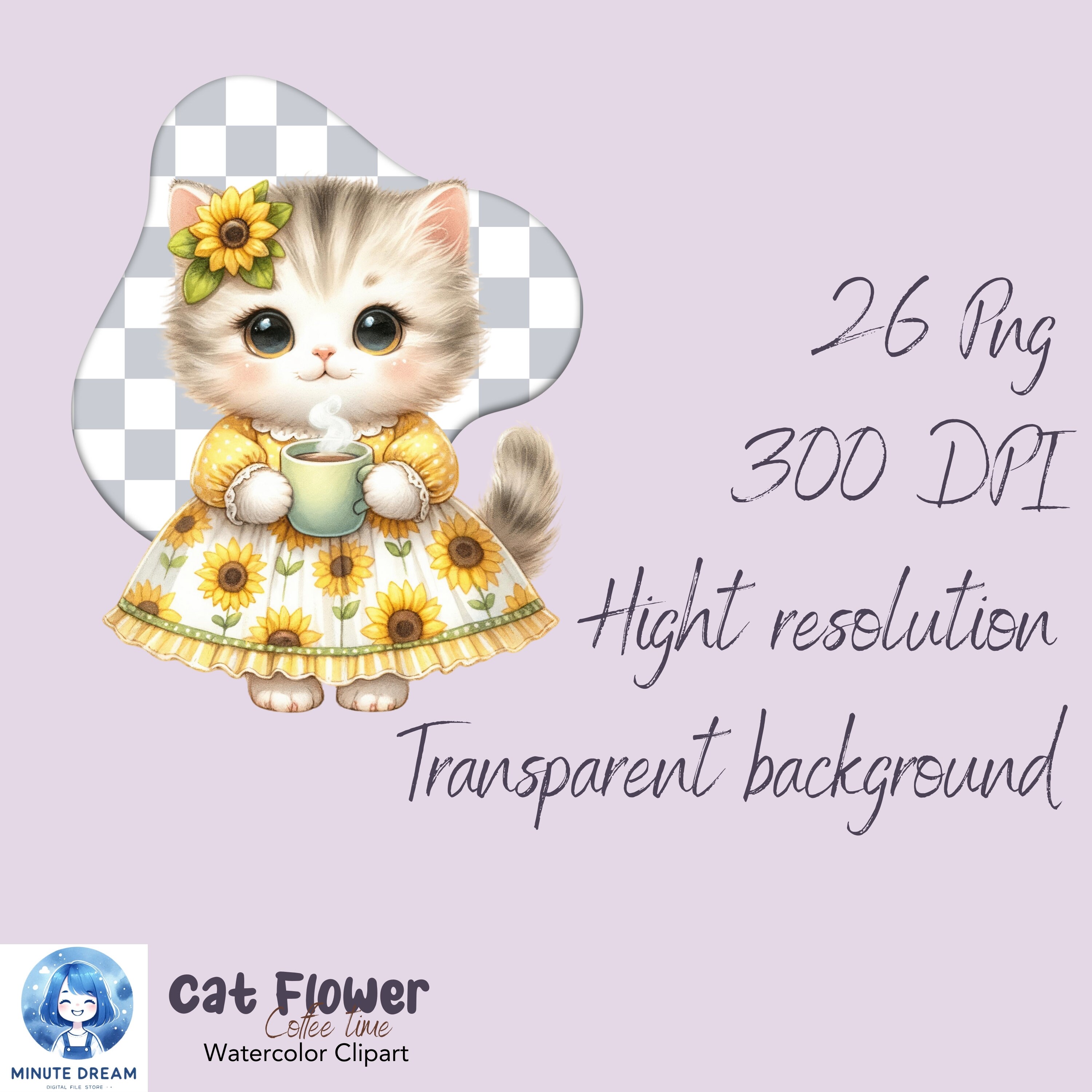 Cute Kitten Clipart, Chubby Cat in Flower Dress, Watercolor Sublimation ...