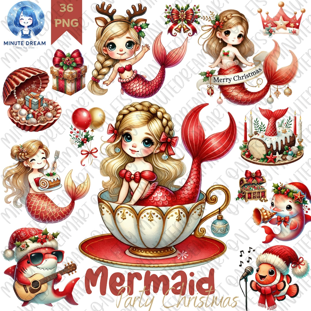 Christmas Mermaid Clipart: Watercolor Holiday PNG (digital Download) - Etsy
