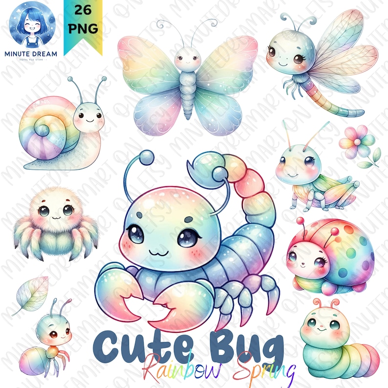 Cute Bug Clipart, Insect, Ladybug, Flower, Leaves, Vine, Baby Pastel ...