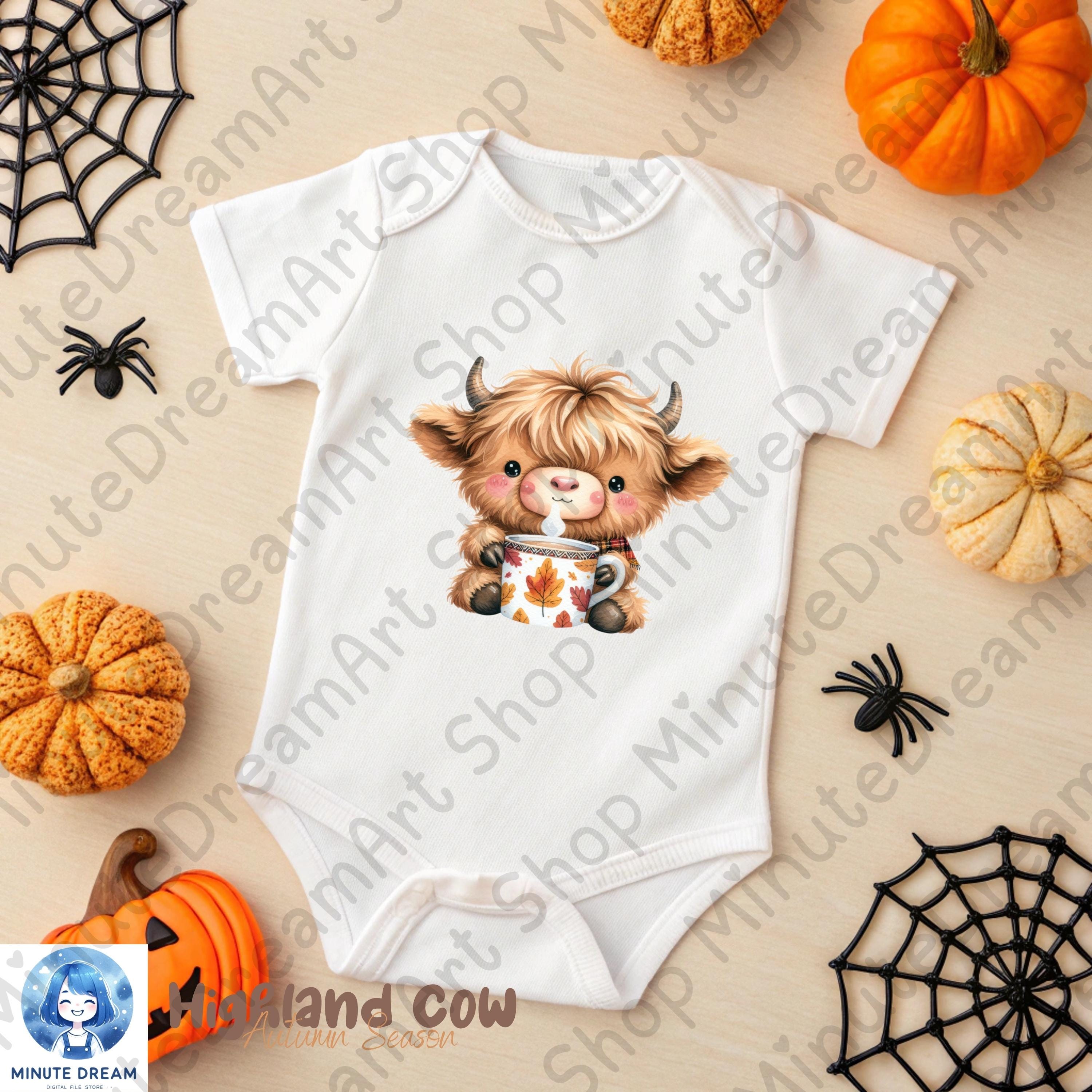 Fall Highland Cow Clipart: Watercolor Autumn Animals, Pumpkins (PNG ...